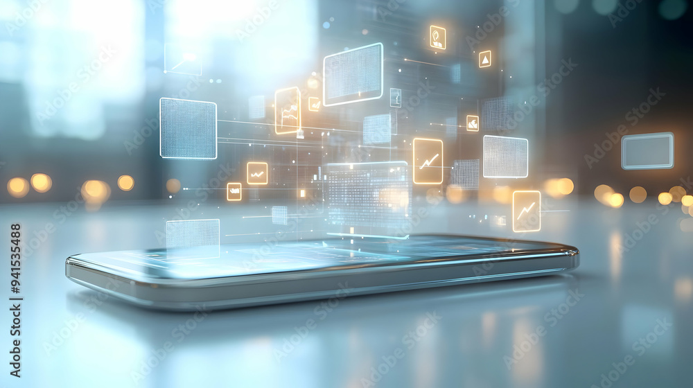 3D Icon as Mobile phone with holographic cyber security icons concept ...