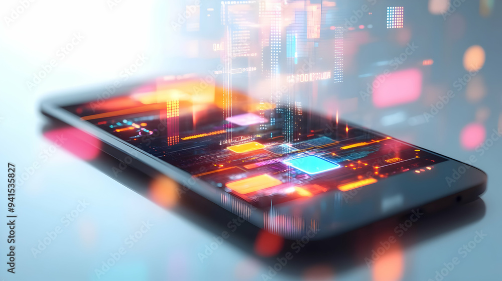 3D Icon as Mobile phone with holographic cyber security icons concept ...