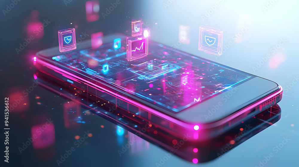 3D Icon as Mobile phone with holographic cyber security icons concept ...