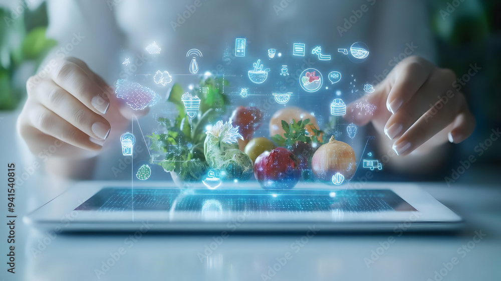 3D Icon as Tablet with holographic AI food guide and world food day ...