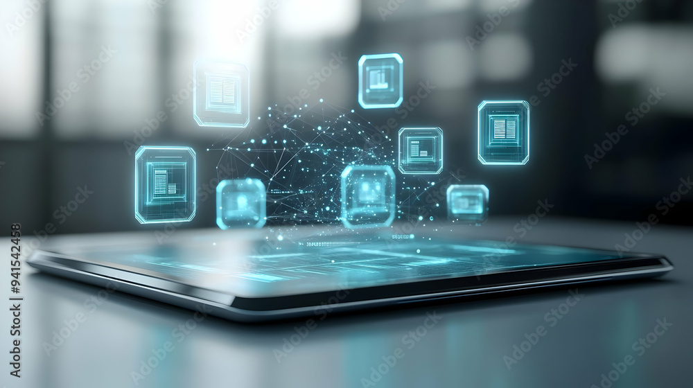 3D Icon as Tablet with holographic ransomware and encryption icons ...