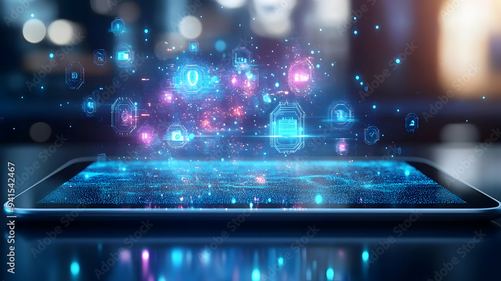 3D Icon as Tablet with holographic ransomware and encryption icons concept as Camera movement ...