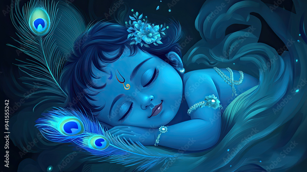 Cute little baby Krishna sleeping with blue skin and a peacock feather ...