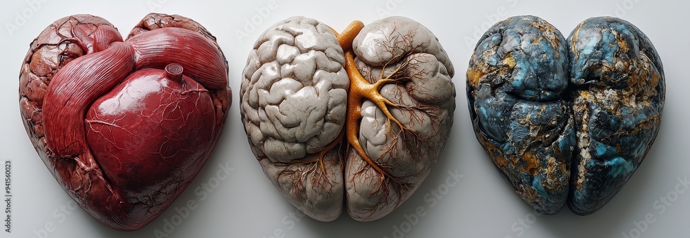 Models of human brain, heart, and lungs anatomy cutouts on transparent ...