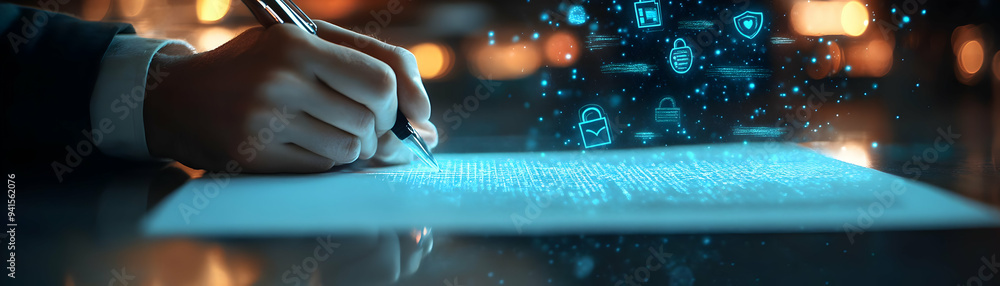 Photo Realistic as Hand Signing Contract with Holographic Document Icon ...