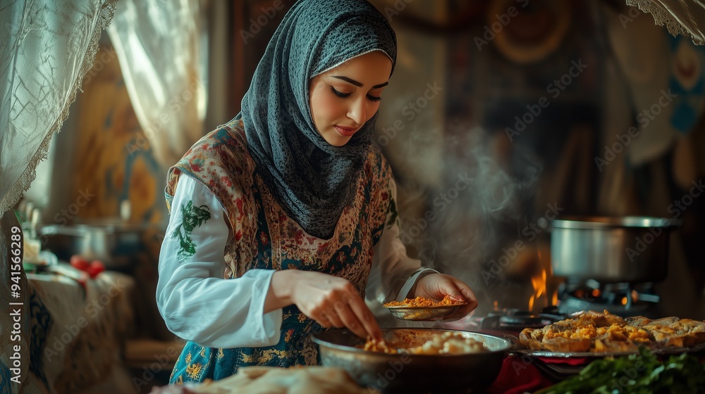 Muslim woman cooking traditional Arabic food. Islamic tradition. Eid al ...