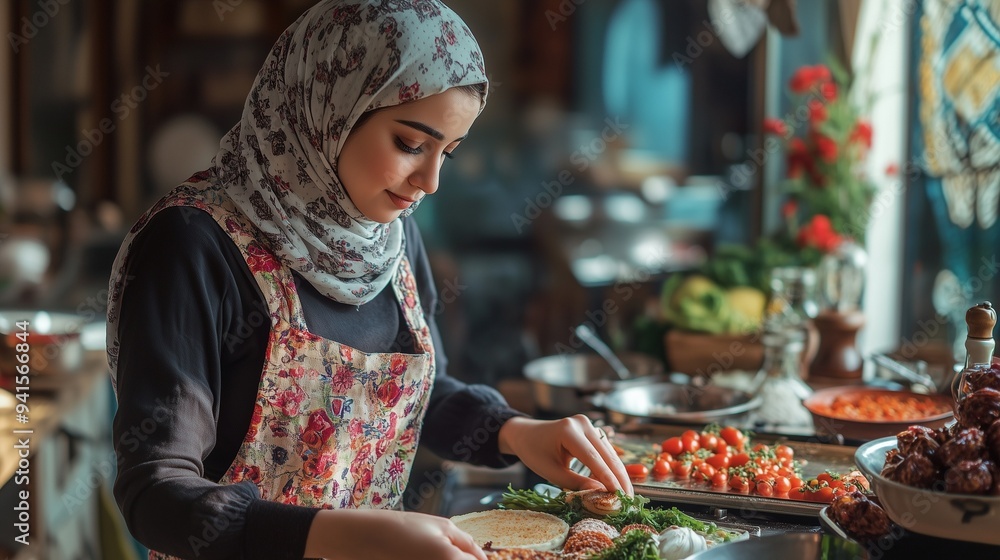 Muslim woman cooking traditional Arabic food. Islamic tradition. Eid al ...