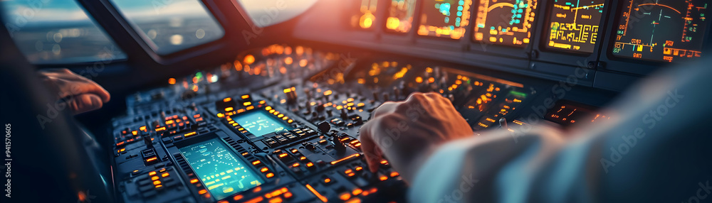 Photo Realistic as Pilot using a glossy control panel in a modern ...