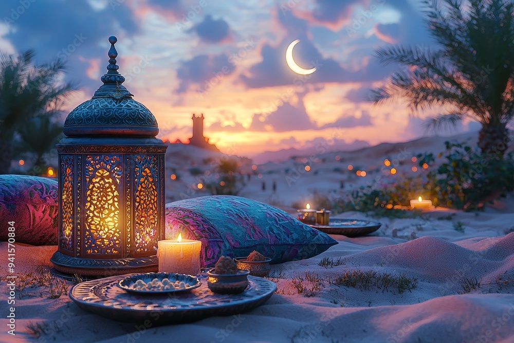 Saudi Arabia sahara lantern and moon setup for ramadan or Eid Mubarak ...