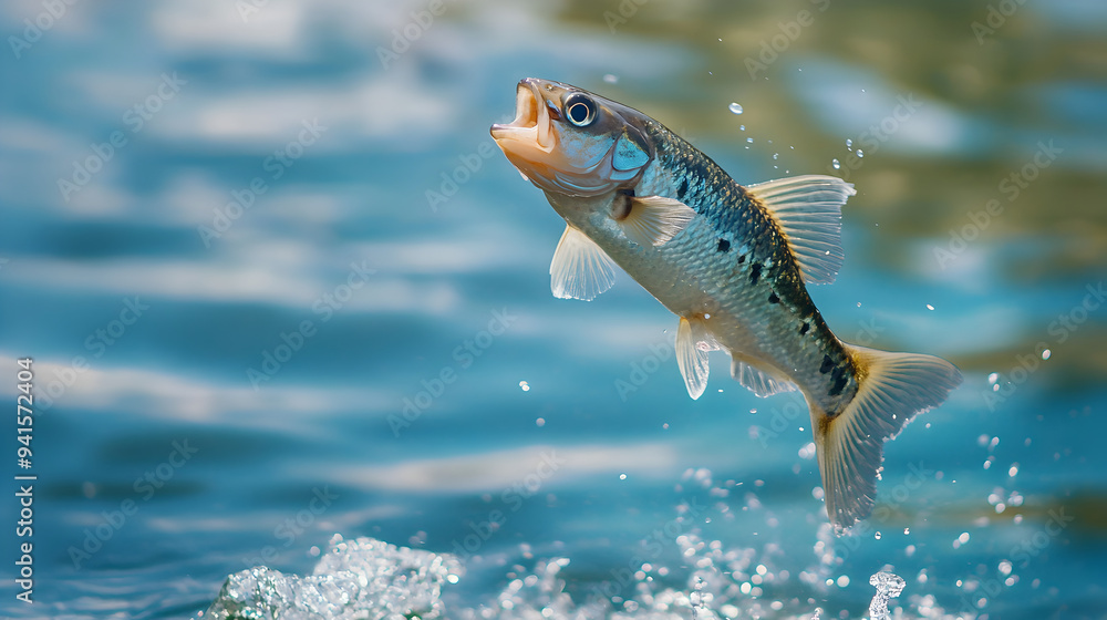 Leaping fish breaking water surface with splashing action in natural ...