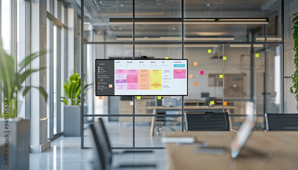 Task Management Board with Completed Tasks Displayed on Large Screen in ...