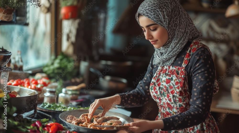 Muslim woman cooking traditional Arabic food. Islamic tradition. Eid al ...