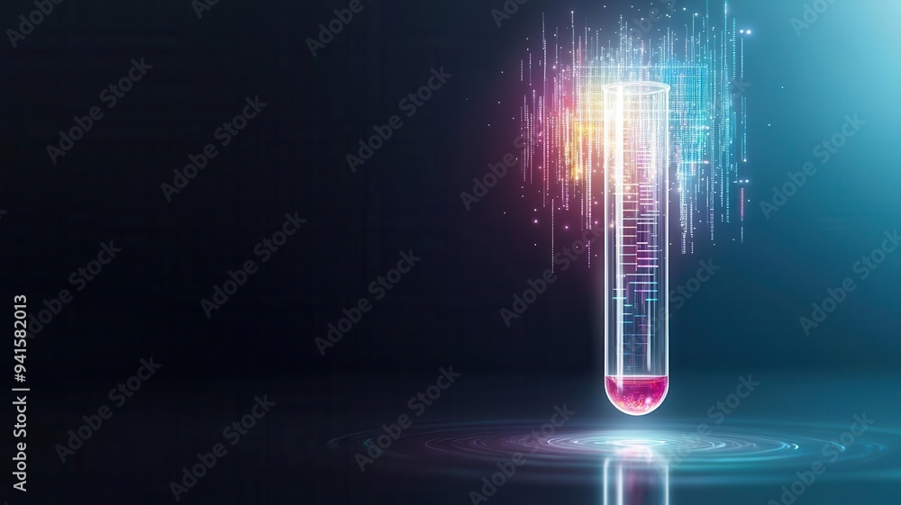 Floating test tube with a holographic graph projected above it, vibrant ...