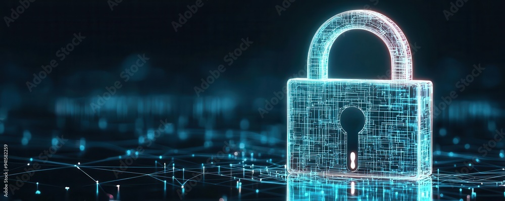 Holographic lock with glowing neon patterns, digital keyhole, abstract cyber background ...