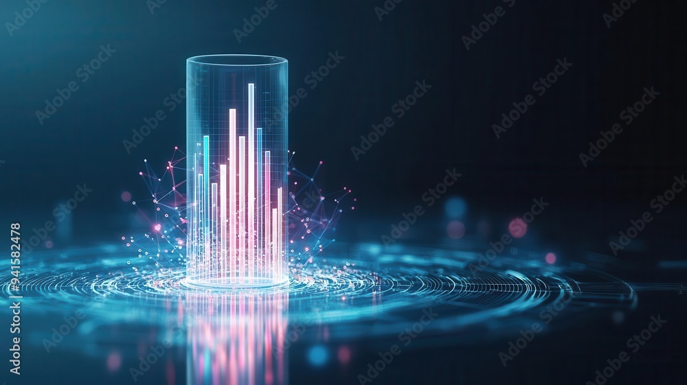 Test tube with a holographic bar graph rising from its surface, glowing ...