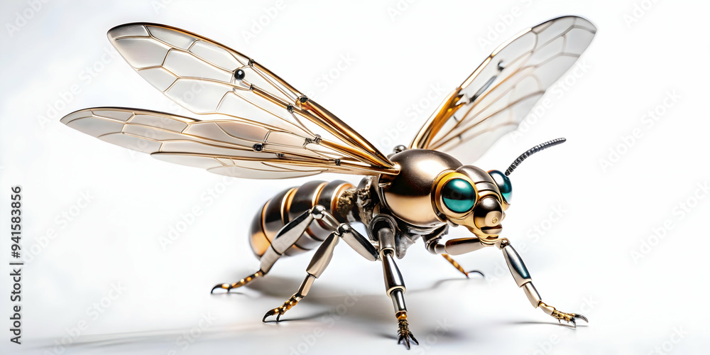 Hovering robotic insect with metallic wings on an isolated white ...