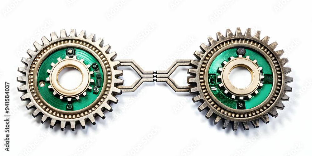 Interconnected gears with digital circuits on an isolated white ...