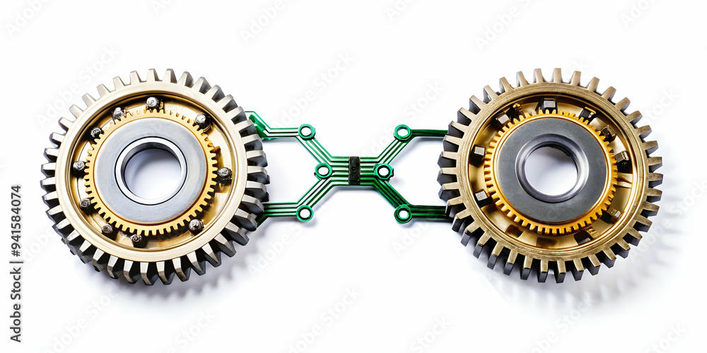 Interconnected gears with digital circuits on an isolated white ...