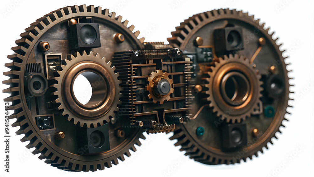 Interconnected gears with digital circuits on an isolated white ...