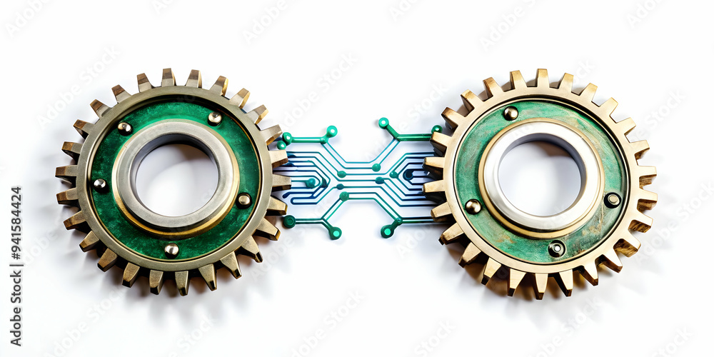 Interconnected gears with digital circuits on an isolated white ...