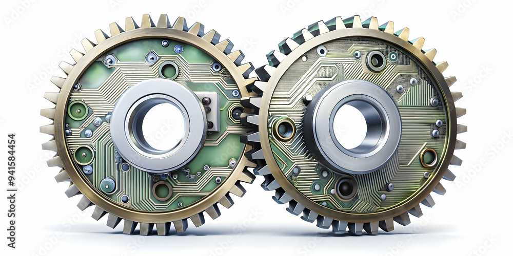 Interconnected gears with digital circuits on an isolated white ...