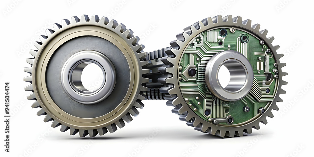 Interconnected gears with digital circuits on an isolated white ...