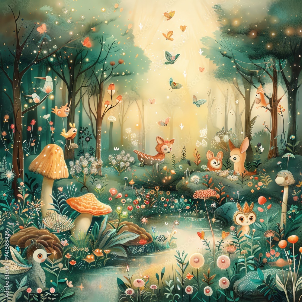Whimsical forest with magical creatures, perfect pastel tone, whimsical ...