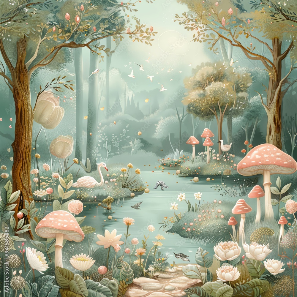Whimsical forest with magical creatures, perfect pastel tone, whimsical ...