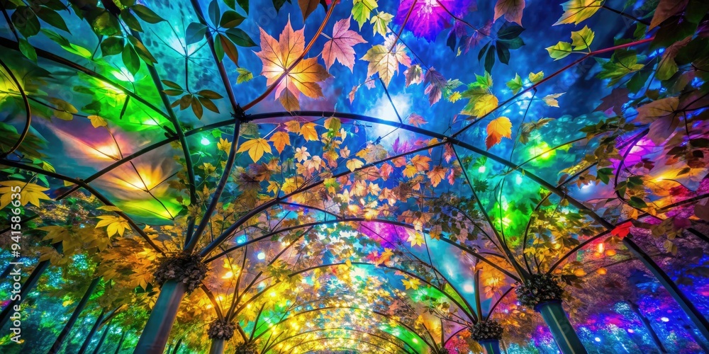 Chromatic Canopy: Bold, iridescent leaves and branches illuminated by ...