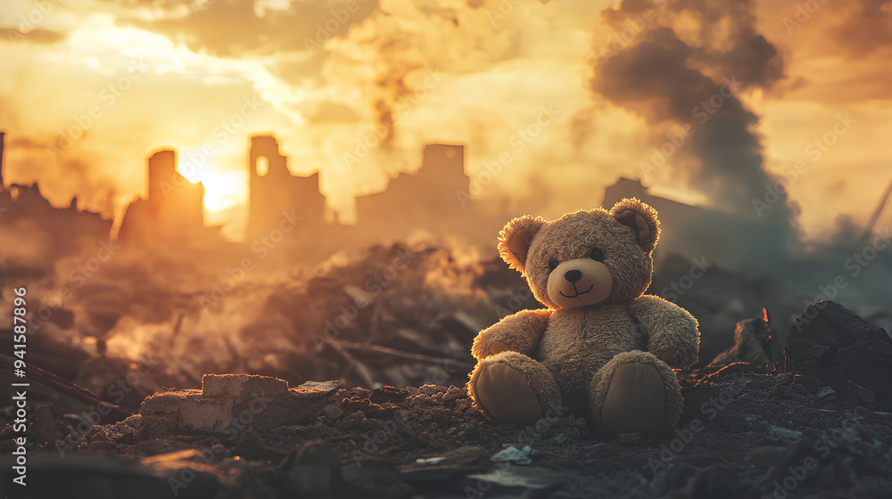 very few teddy bear toys over the destruction of a burning city caused ...