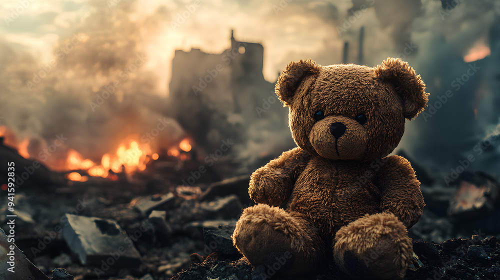 very few teddy bear toys over the destruction of a burning city caused ...