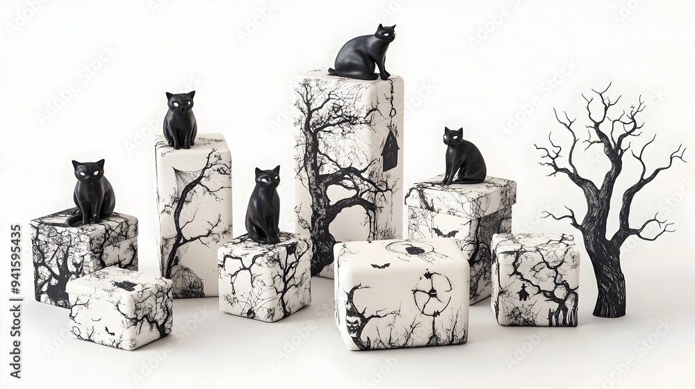 Spooky Halloween Gift Boxes with Ominous Black Cats Gnarled Branches ...