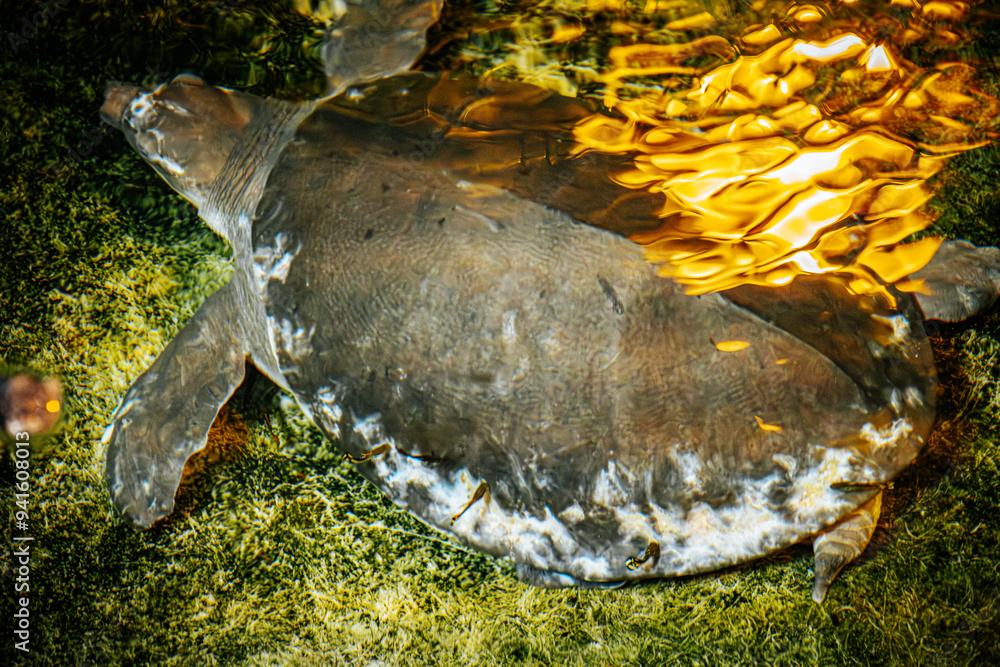 A softshell turtle glides underwater, its unique flat body and soft ...