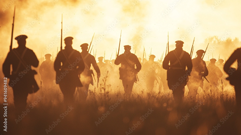 Historical war reenactment soldiers in period uniforms marching across ...