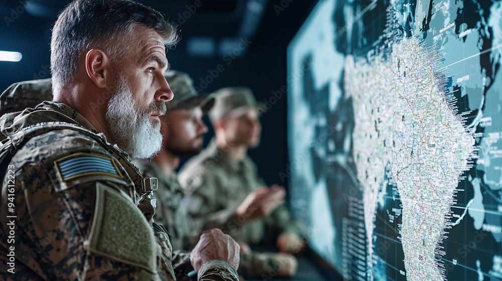 Military officers gathered around a large map discussing strategy in a ...
