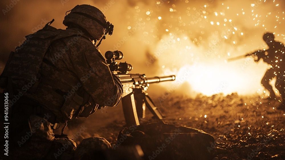 Artillery gun firing at night illuminating the scene with a bright ...