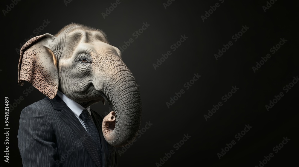 Masked person and an elephant in a suit in a black and white setting ...