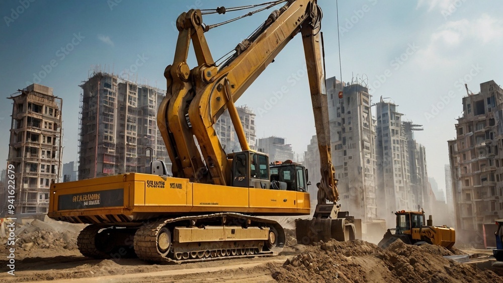 Construction site with yellow road roller, crawler crane, excavator ...