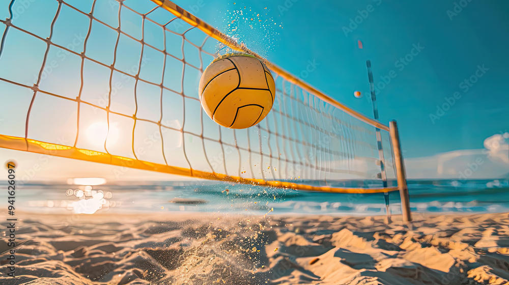 volleyball net on the beach, Yellow volleyball ball flying in the air ...