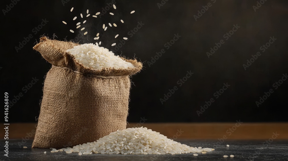 A burlap sack filled with white rice, with grains falling from the top ...