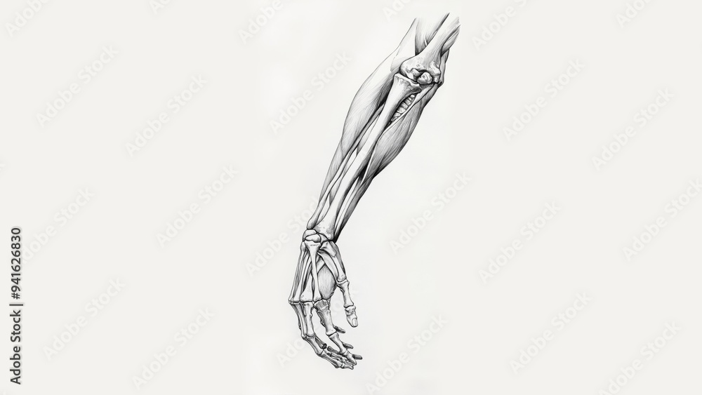 encyclopedia sketch of the bones and muscles in a human arm ...