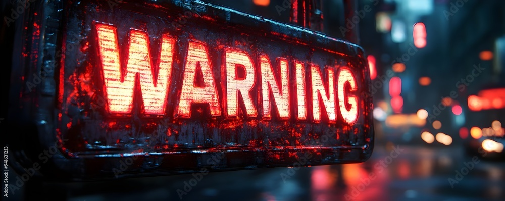 Urban Alert: Bright Red "Warning" Sign Illuminated on a Rain-Slicked ...
