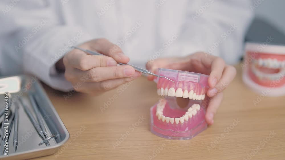 Dentist with tooth Anatomy model. Oral Teeth and disease, Scrape off ...