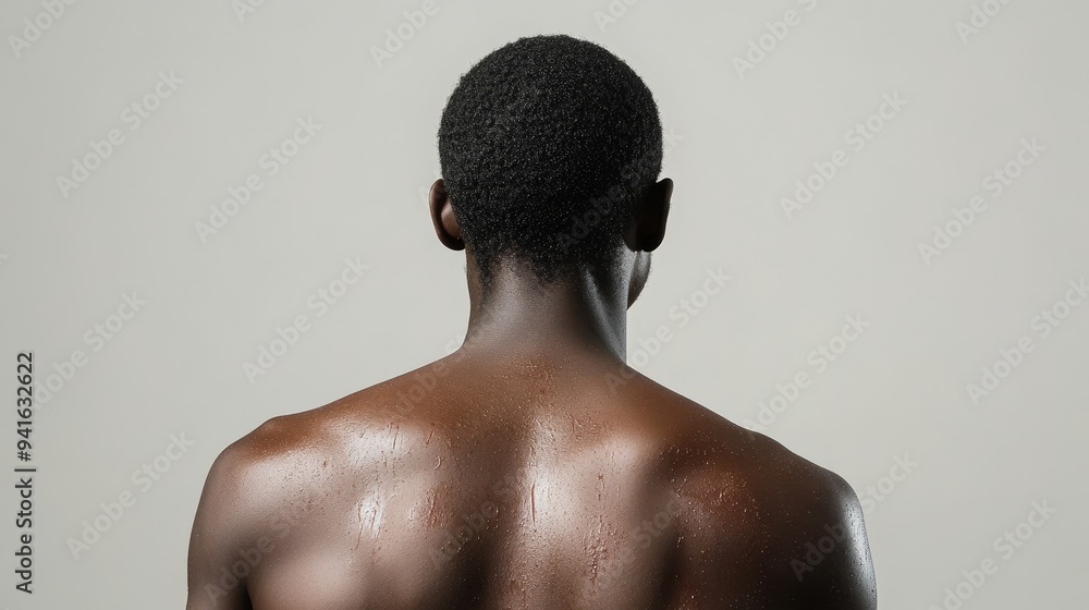 A close-up image of the back of a black man, with his head turned ...