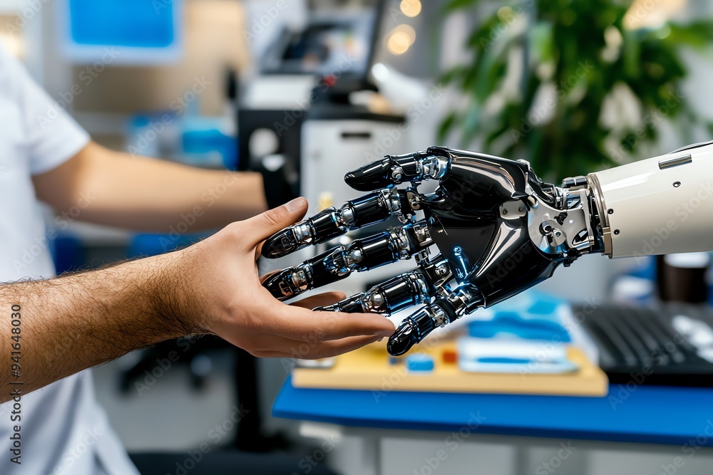 A prosthetic user in a rehabilitation center, showing the process of adapting to a new limb with ...