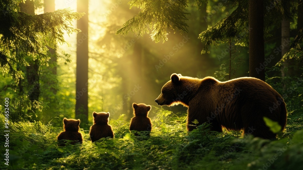 A heartwarming image of a brown bear mother and her three cubs in a ...