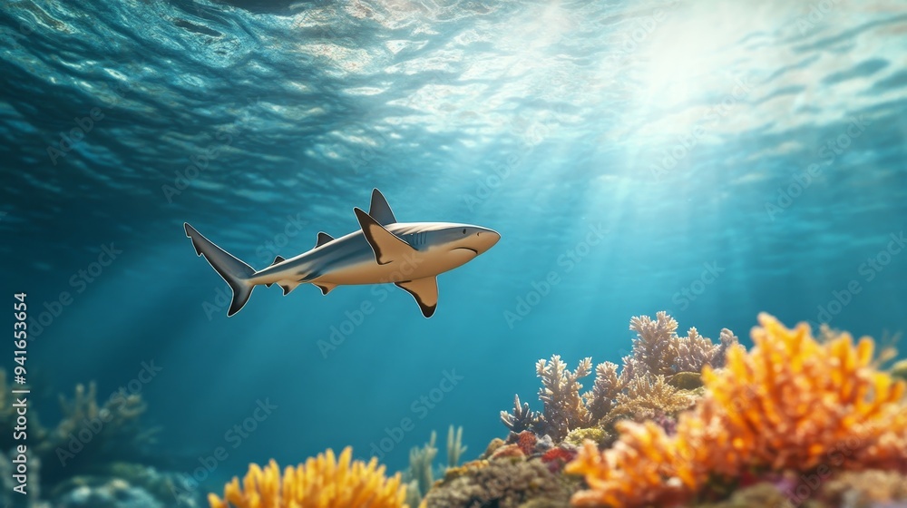 A lone shark gracefully swims above a vibrant coral reef, showcasing ...