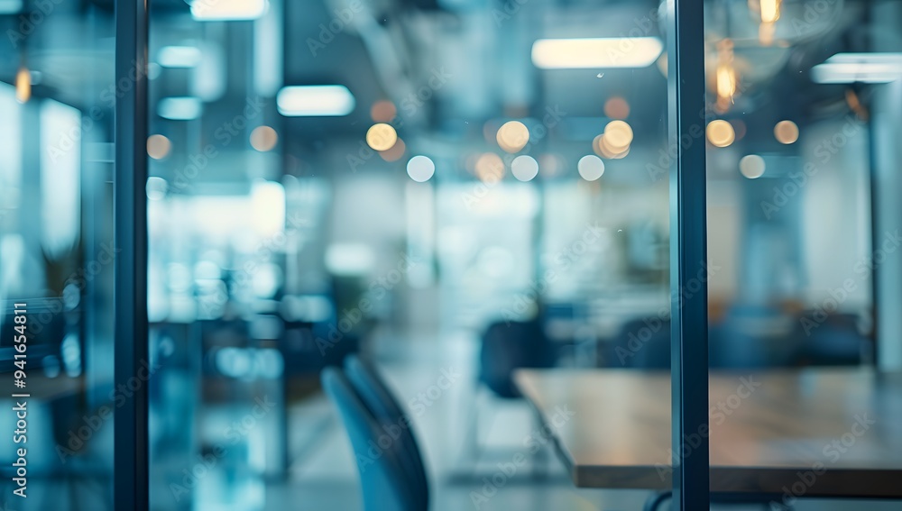 Blurred view of a modern office interior featuring soft lighting, glass ...
