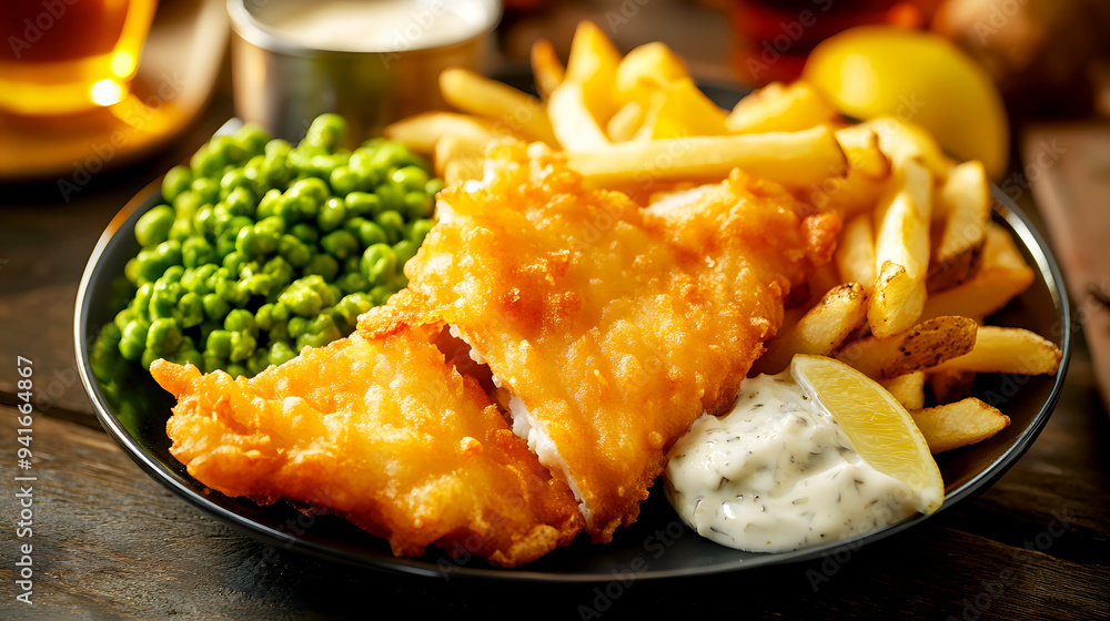 Classic British Pub Style A plate of crispy golden-brown fish and chips ...