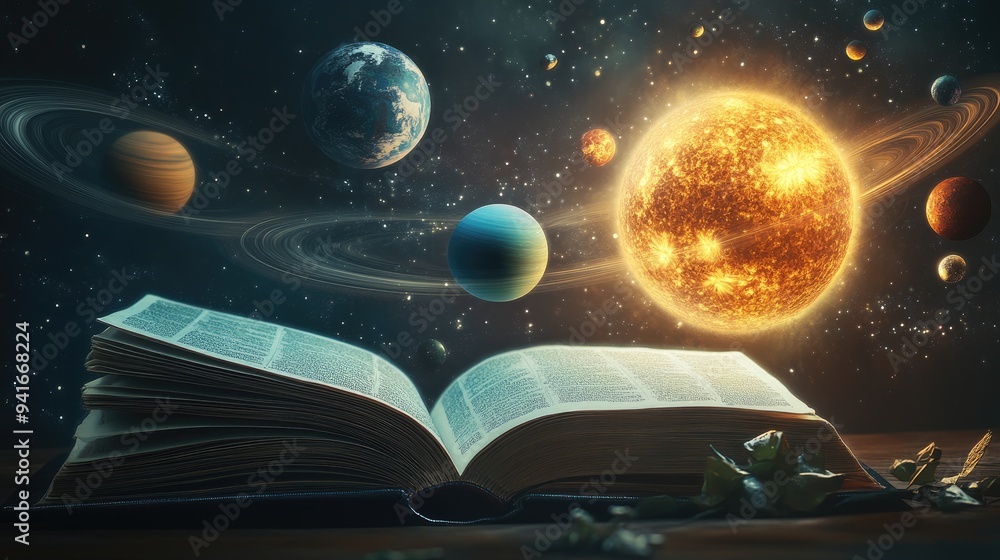 A fascinating image of an open book with the solar system rising from ...